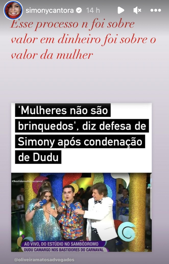 Simony comemora condenação de Dudu Camargo: "Não é sobre dinheiro ...