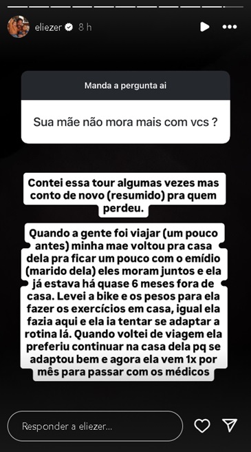 Eliezer explica por que sua mãe foi embora de sua casa após meses com ...