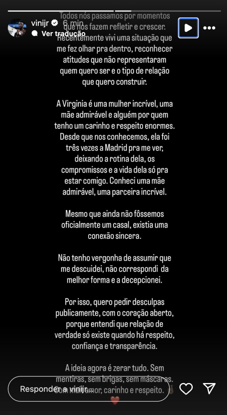 Vini Jr manda recado para Virginia: ‘Quero pedir desculpas publicamente ...